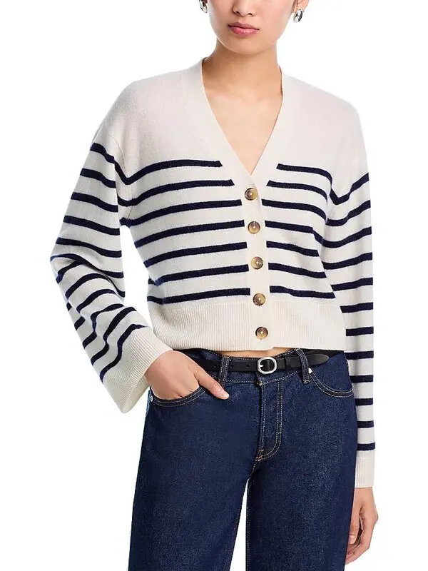 Aqua 100% Cashmere V-neck Cardigan Sweater - Ivory/peacock Stripe