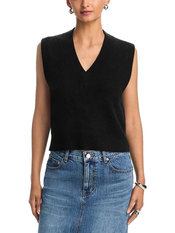 Aqua 100% Cashmere Brushed V Neck Sweater Vest - Black