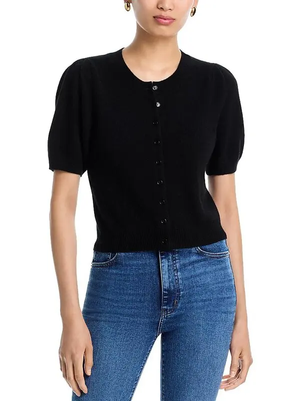 Aqua 100% Cashmere Short Puff Sleeve Cardigan - Black