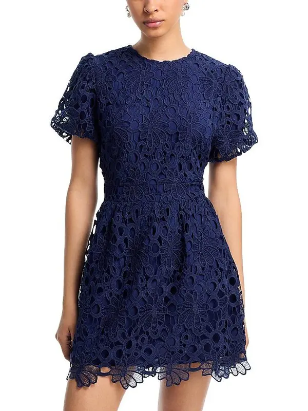 Aqua Puff Sleeve Mini Lace Dress - Navy