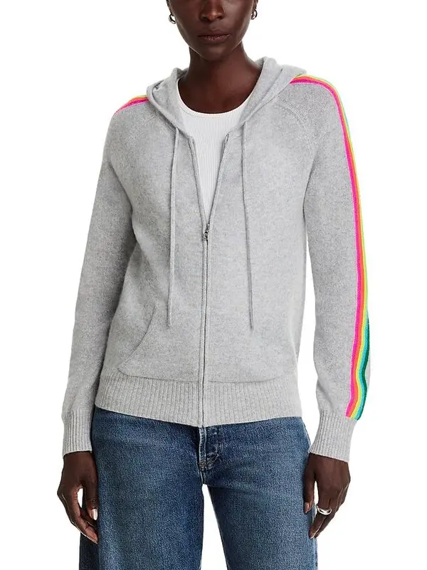 Aqua 100% Cashmere Rainbow Stripe Zip Hoodie - Light Gray