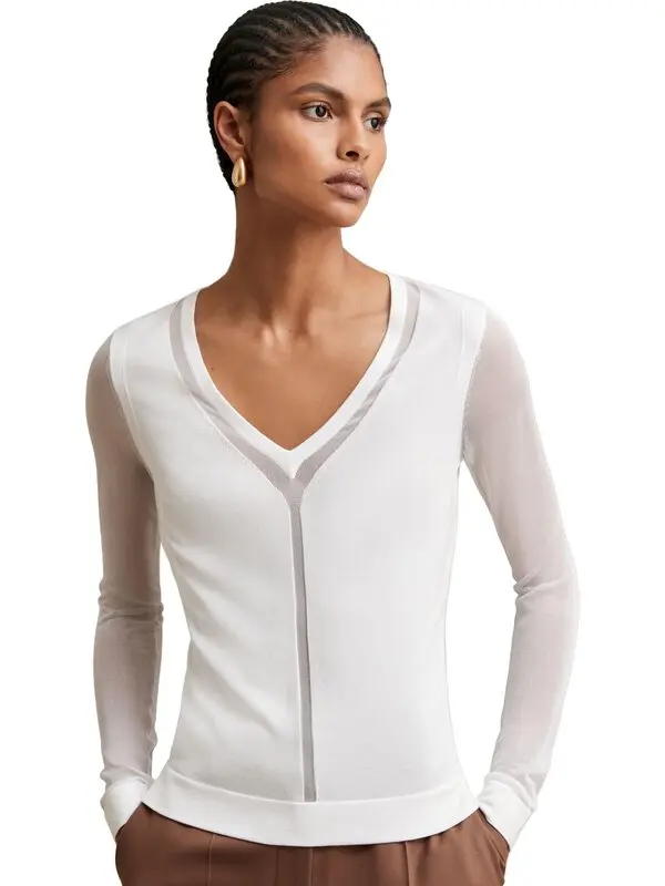 REISS Sheer-detail V-neck Top - White