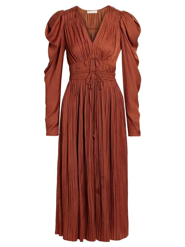 Ulla Johnson Lelou Pleated Satin Midi Dress - Brown