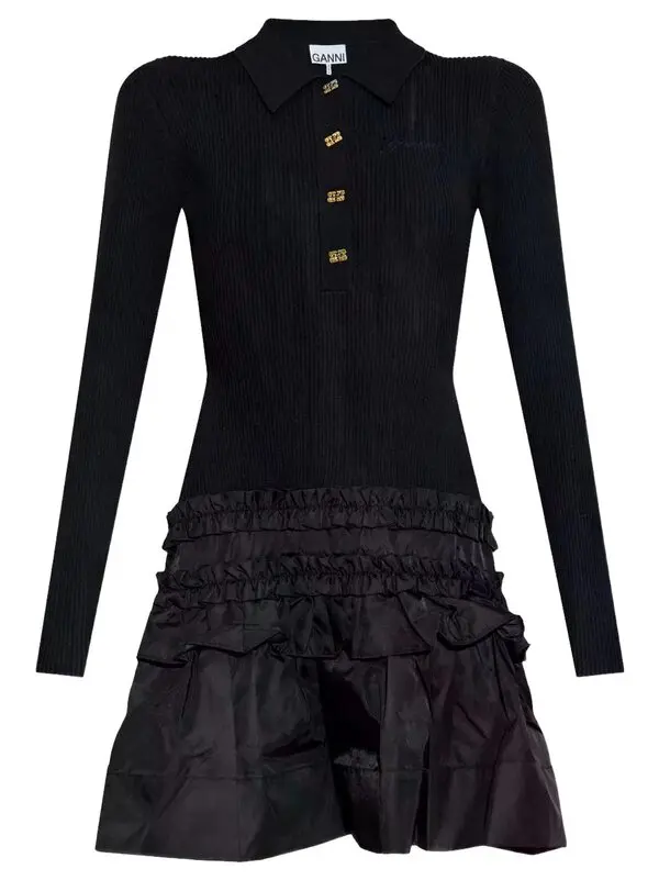 GANNI Ribbed Ruffled-skirt Mini Dress - Black