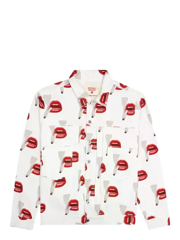 EMOTIONALLY UNAVAILABLE Smoking Lips Print Denim Jacket - White