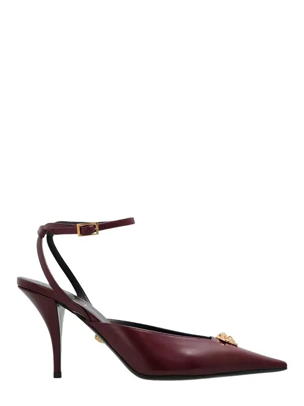 Versace La Medusa Leather Pointed Toe Pumps With Ankle Strap - Red