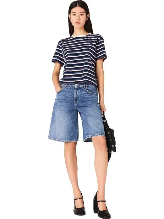 Maje Striped Cropped T-shirt - Black / Navy / Stripe / White