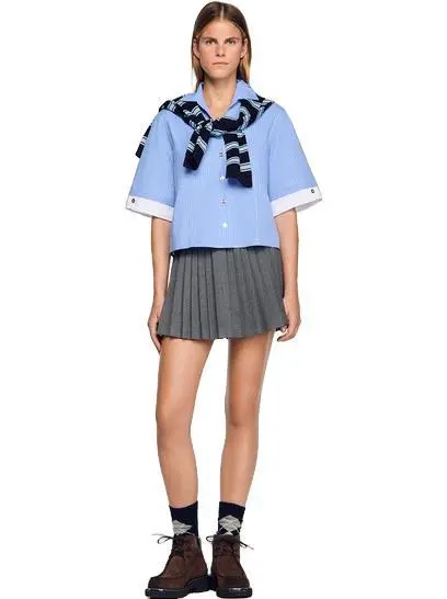 Sandro Small-check Cropped Shirt - Brown / Neutral