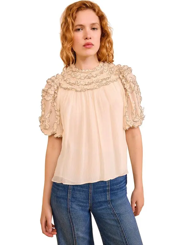Ulla Johnson Isolda Silk Smocked Short Sleeve Blouse - Chantilly