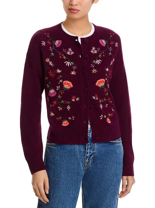 Bloomingdale'S Cashmere Crewneck Cardigan Sweater - Heather Burgundy