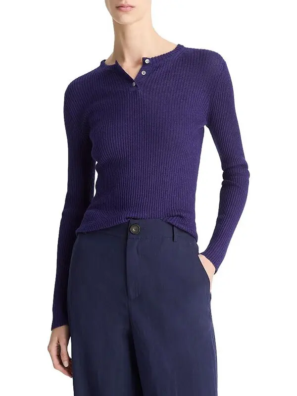 Vince Ribbed Long Sleeve Henley - Deep Iris