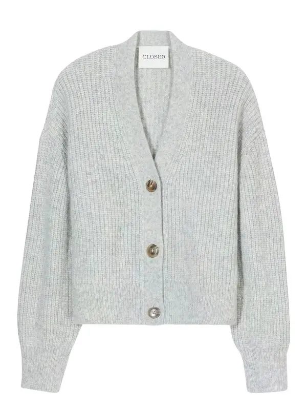 Closed V-neck Ribbed Cardigan - Grey