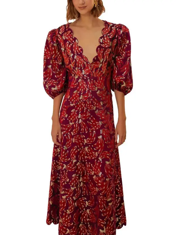 Farm Rio Floral-print Puff-sleeve Midi Dress - Red