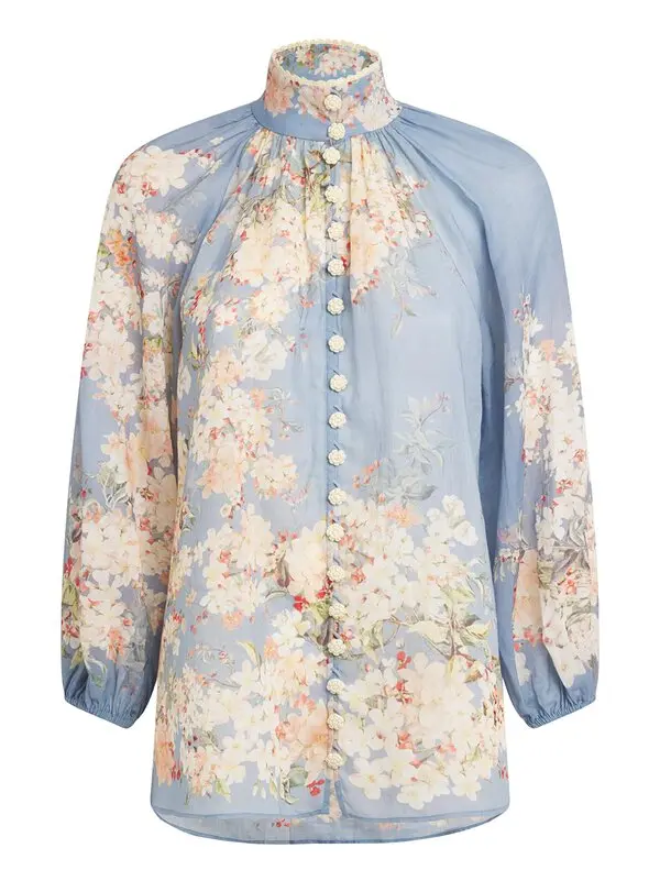 Zimmermann Cascadian Billow Floral Ramie Blouse - Blue