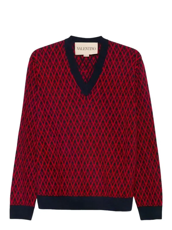 Valentino Garavani Geometric-pattern V-neck Sweater - Red