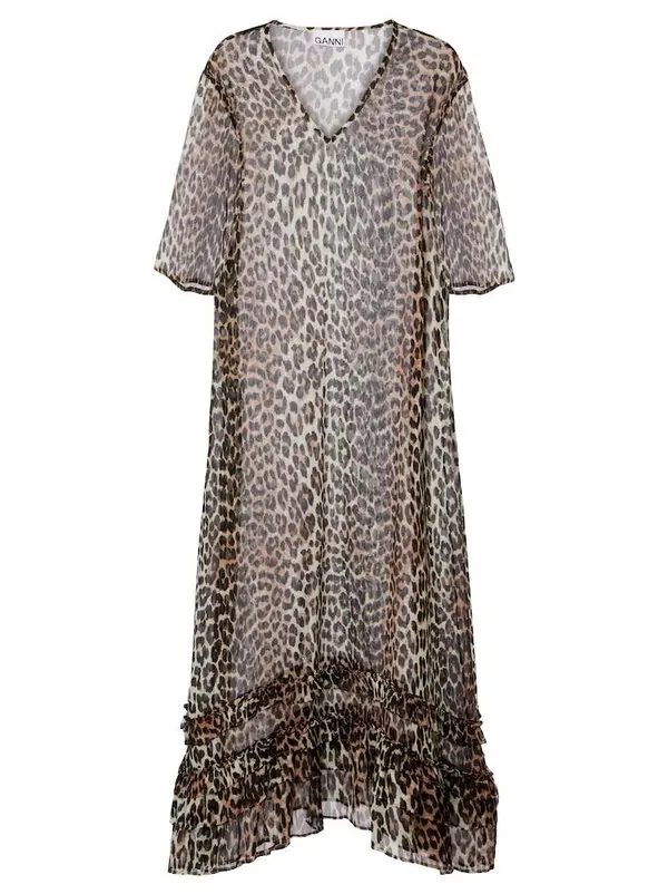 GANNI Leopard-print Sheer Chiffon Midi Dress - Multicoloured