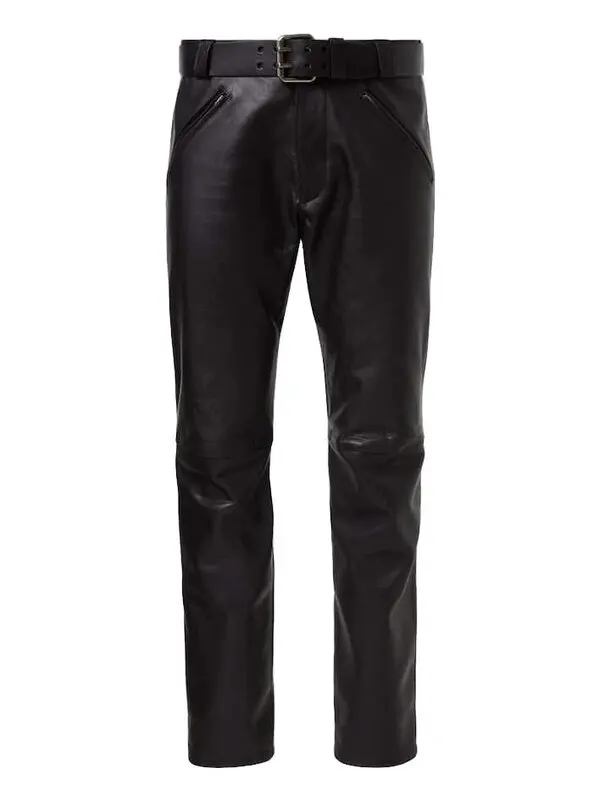 Saint Laurent Belted Straight Leather Pants - Black