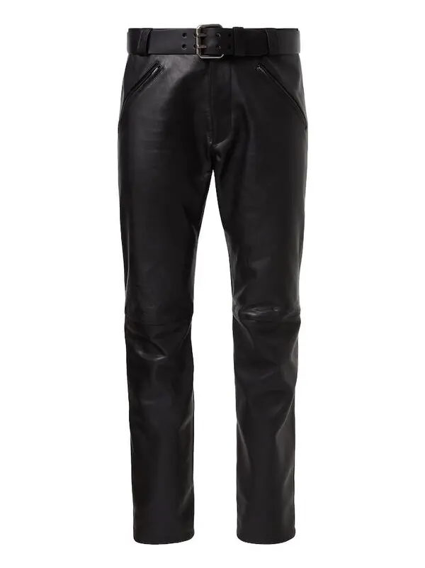Saint Laurent Belted Leather Straight Pants - Black