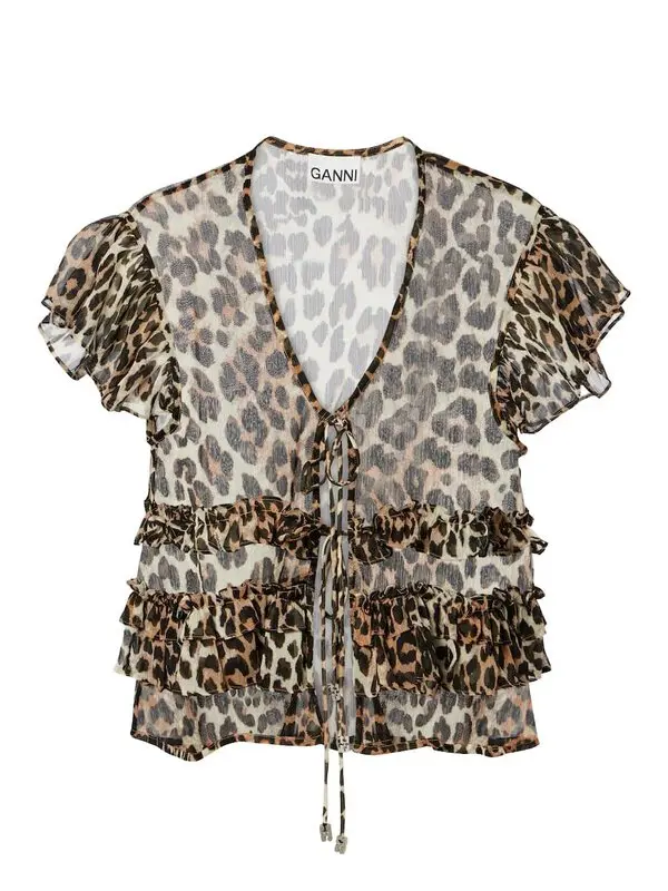 GANNI Leopard-print Ruffled Chiffon Blouse - Multicoloured