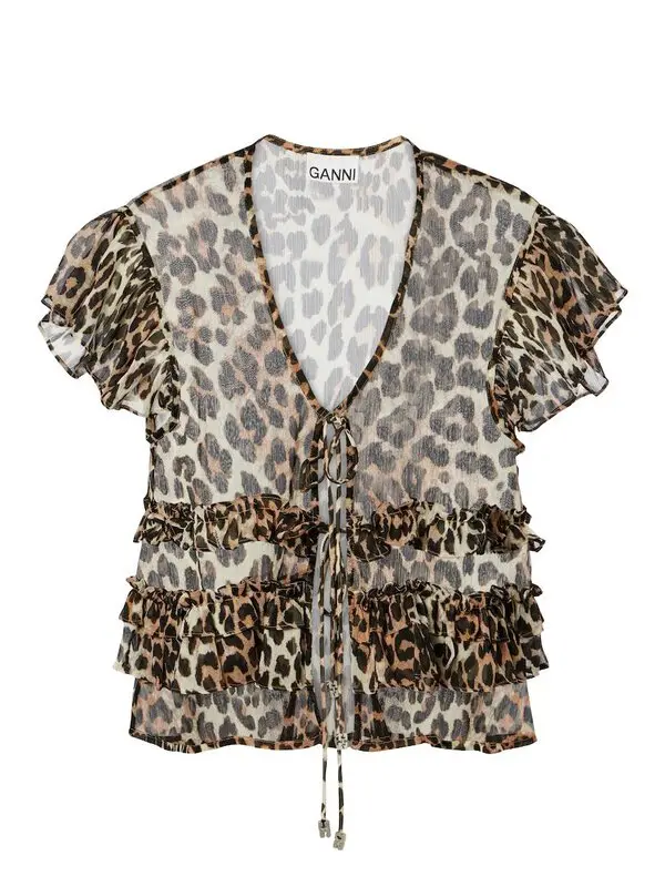 GANNI Leopard-print Ruffled Chiffon Blouse - Multicoloured