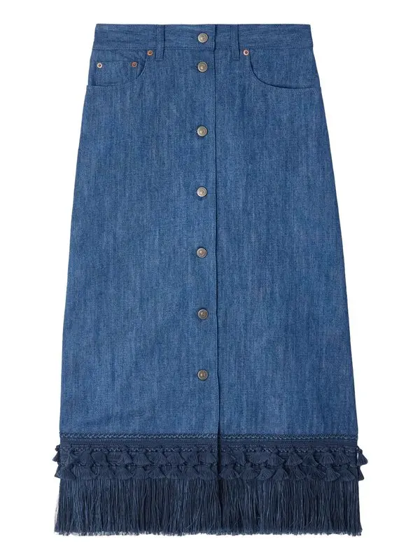 Valentino Garavani Tasseled Fringed Denim Midi Skirt - Blue