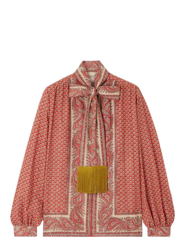 Valentino Garavani Printed Cotton Shirt With Fringed Scarf Detail - Pink