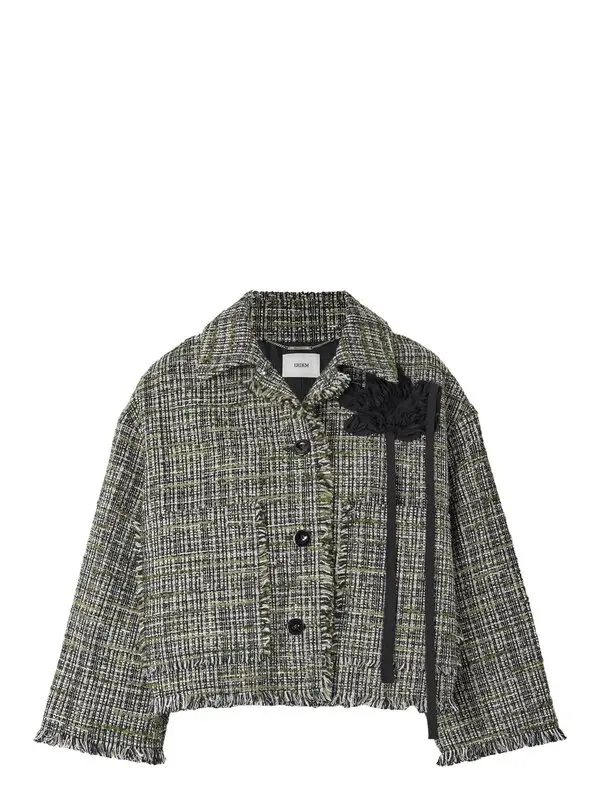 Erdem Cropped Appliquéd Frayed Tweed Jacket - Green