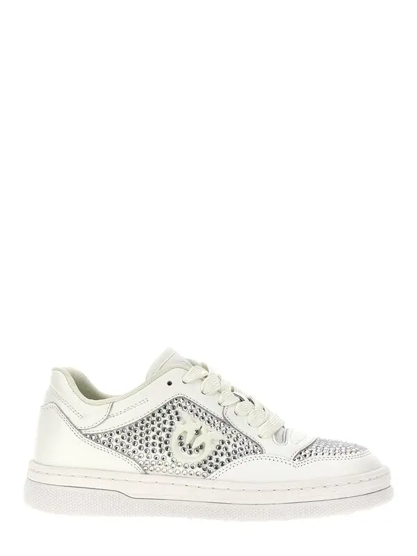 Pinko Leather Sneakers With Rhinestone Appliqu - White