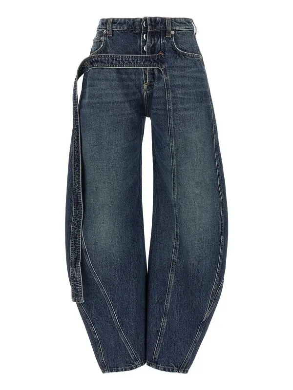 Jean Paul Gaultier Cotton Denim Jeans With Strap Detail - Light Blue