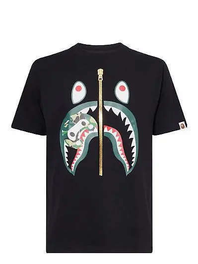 A BATHING APE Camo Milo Shark Graphic-print Cotton T-shirt - Black , Green Camo