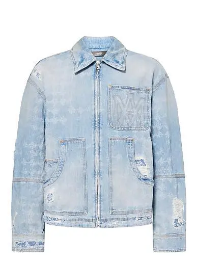 Amiri Embroidered-logo Distressed Denim Jacket - Faded Indigo