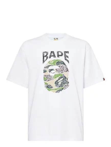 A BATHING APE Camo Handdrawn Ape Graphic-print Cotton T-shirt - White Green Camo