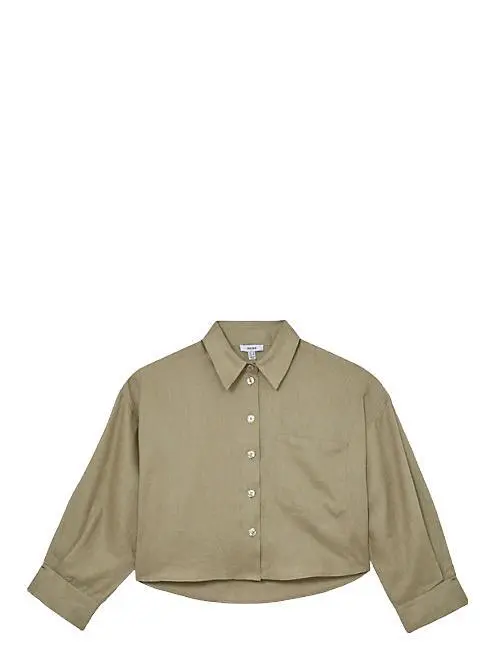 REISS Solena Cropped Linen Shirt - Green