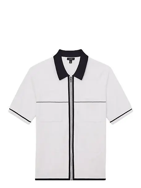 REISS Baxter Zip-up Stretch-knit Shirt - White Navy Blue