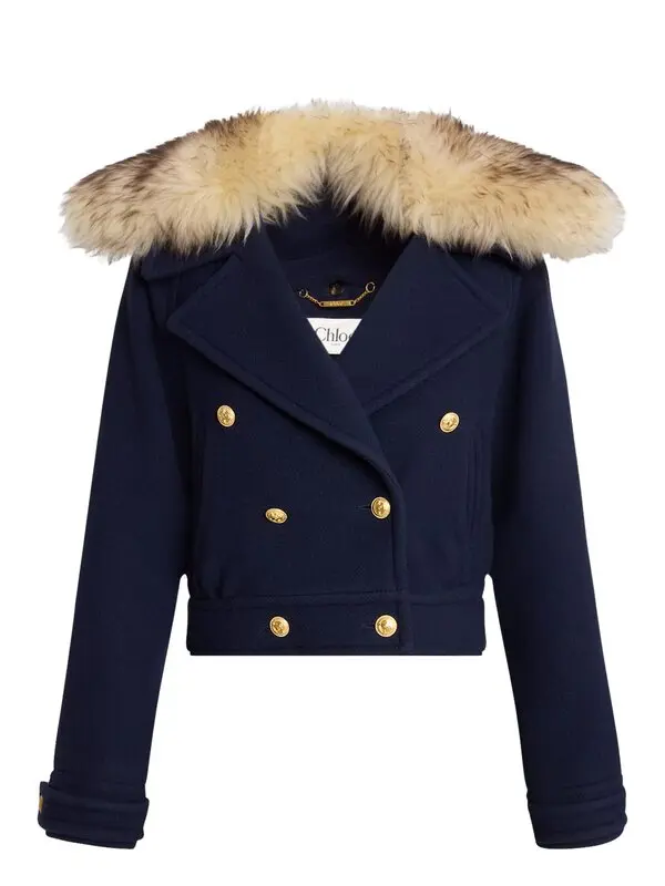 Chloé Faux-fur Collar Double-breasted Wool Bomber Jacket - Evening Blue