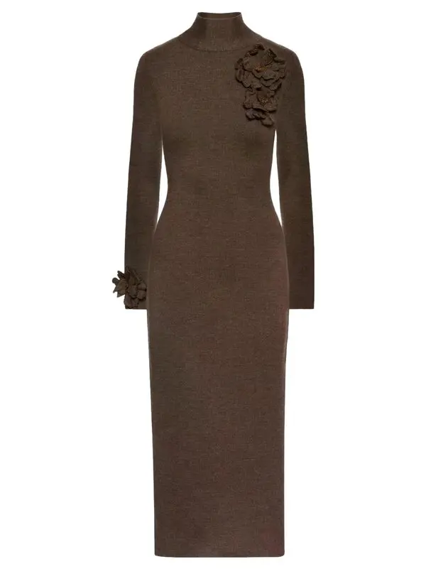 Oscar De La Renta Appliqued-flower Mock-neck Midi Dress - Brown