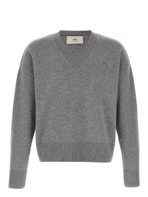 Ami Logo Patch Wool And Cashmere Sweater - Gray
