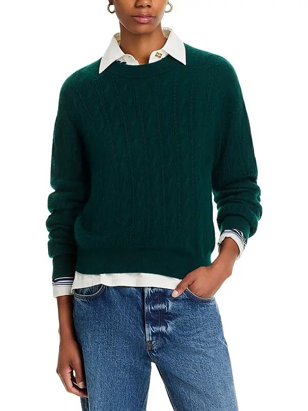 Guest In Residence Cashmere Cable Collegiate Crewneck Sweater - Holly