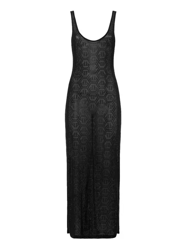 Philipp Plein Tulle Monogram Strass Midi Dress - Black