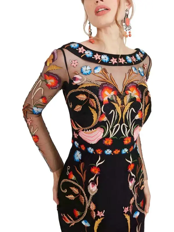 TEMPERLEY LONDON Floral-embroidered Long Sleeve Dress - Black