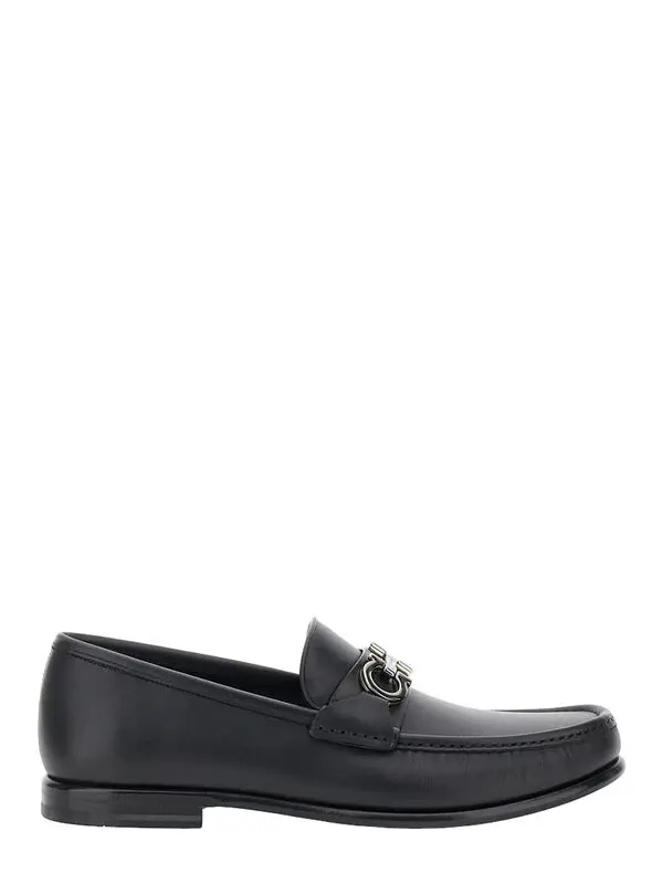 FERRAGAMO Avril Gancini Plaque Leather Loafers - Black
