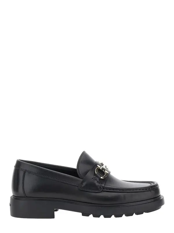 FERRAGAMO Leather Loafers With Gancini Plaque - Black