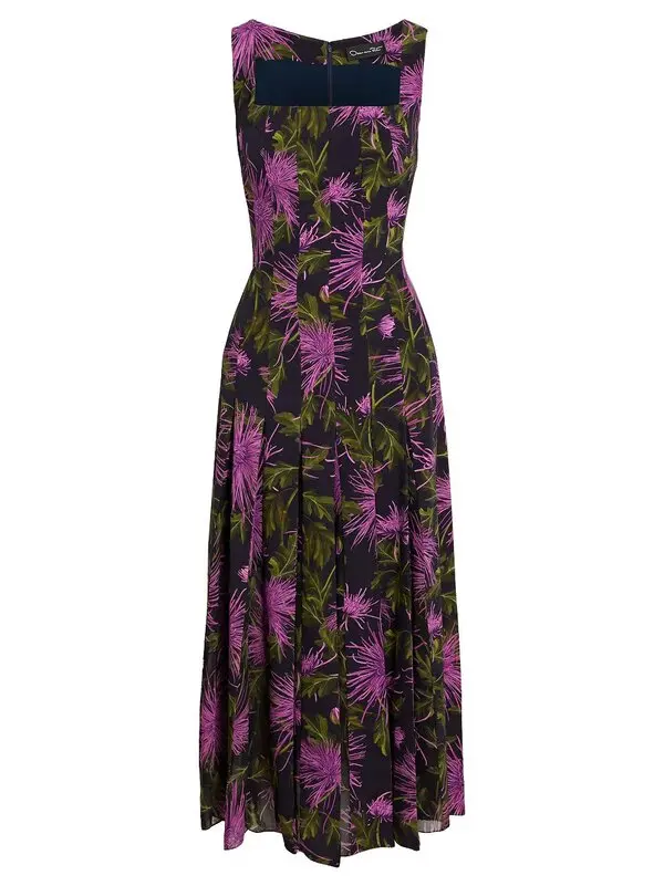 Oscar De La Renta Pleated Floral-print Chiffon And Crepe Midi Dress - Midnight Blue