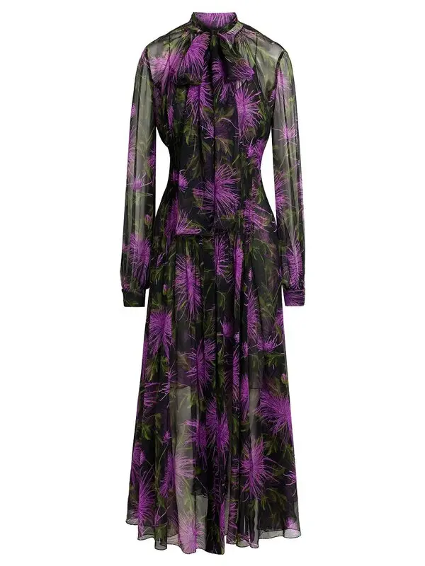 Oscar De La Renta Floral-print Silk-chiffon Maxi Dress With Pussy-bow - Purple