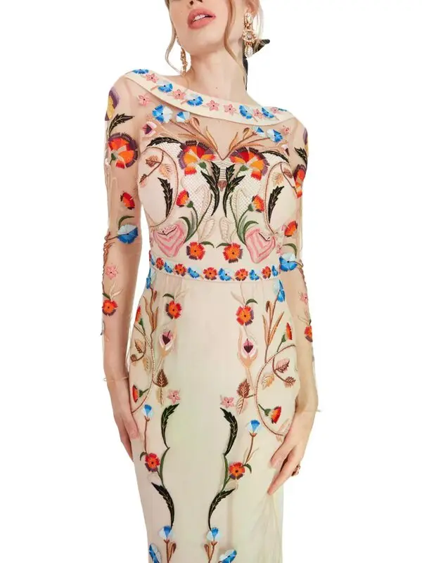 TEMPERLEY LONDON Floral-embroidered Long-sleeve Dress - Neutrals