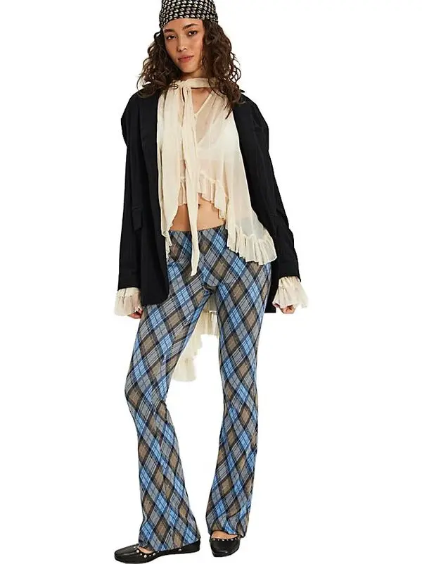 Free People Knit Plaid Flare Pants - Periwinkle Combo