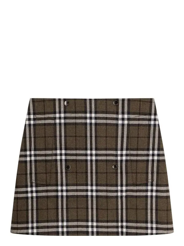 Burberry Virgin Wool Check Print Skirt - Green