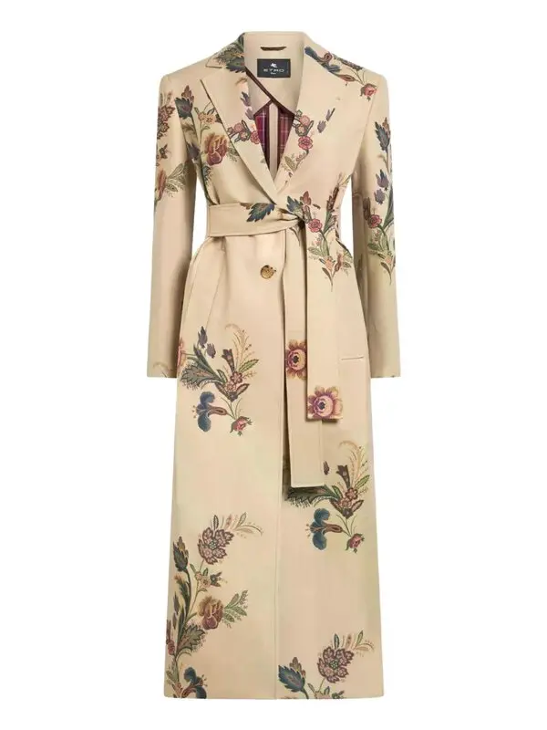 Etro Floral-print Belted Coat - Neutrals