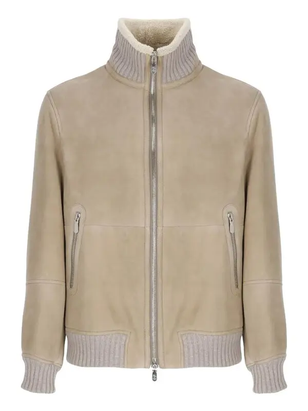 Brunello Cucinelli Leather Bomber Jacket - Beige