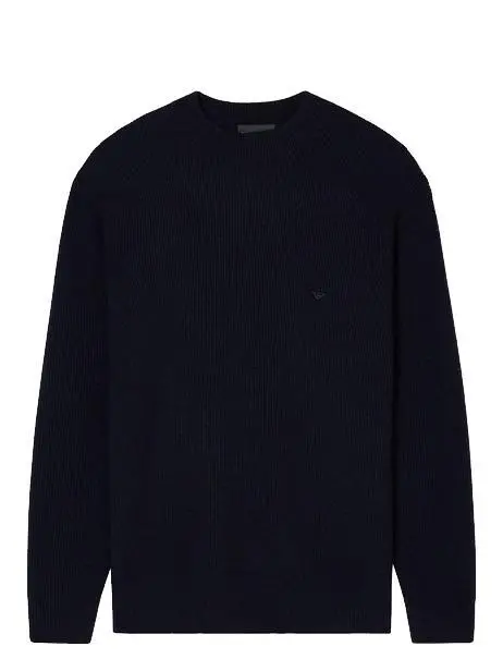 Emporio Armani Fisherman's Rib Virgin Wool Jumper - Navy